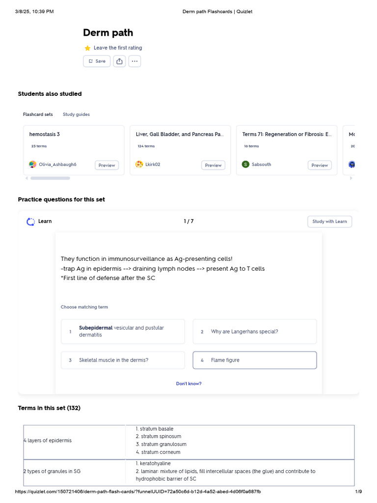 Derm Path Flashcards - Quizlet | PDF | Skin | Epidermis