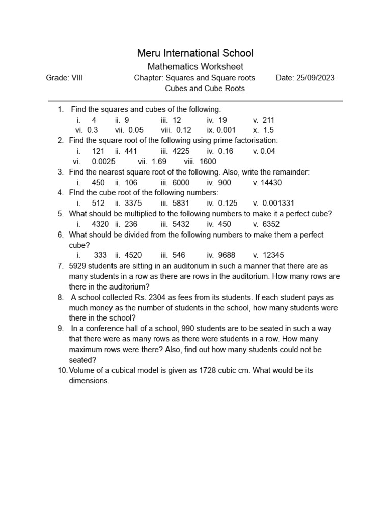 WS - Squares and Square Roots - Cubes and Cube Roots | PDF