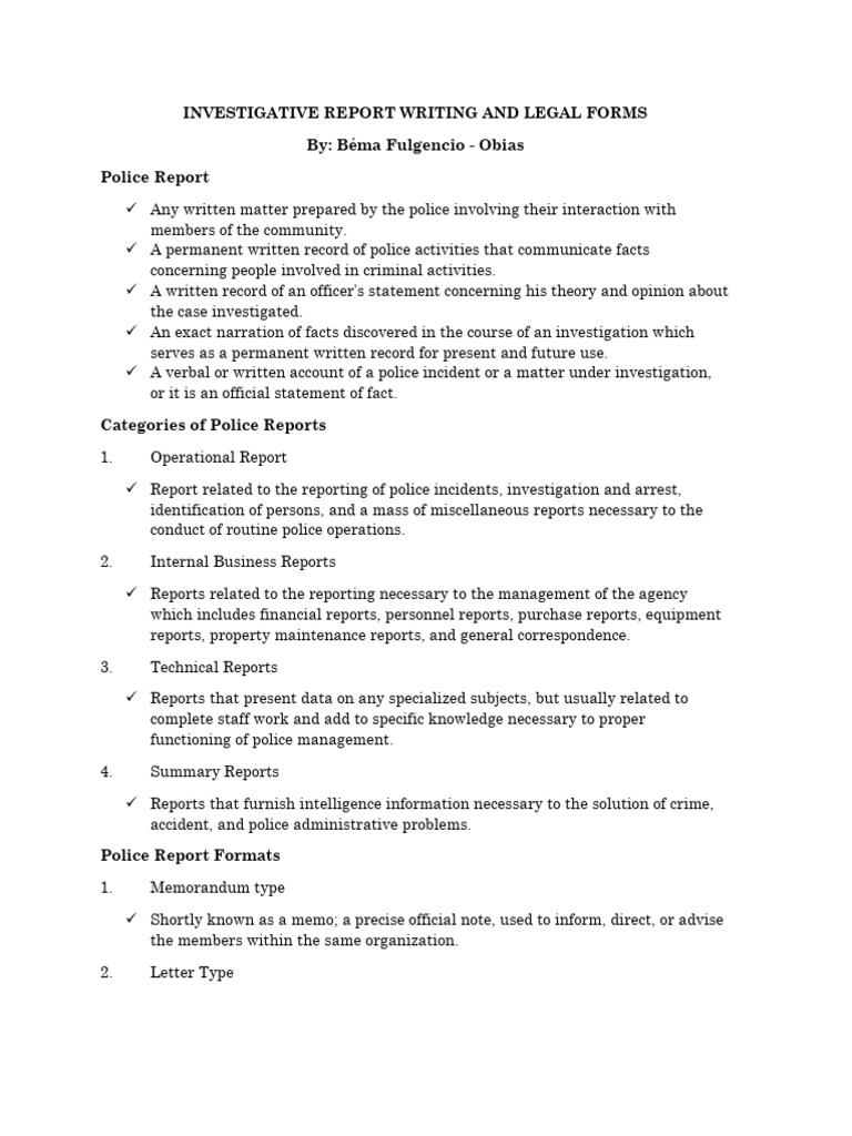 INVESTIGATIVE-REPORT-WRITING-AND-LEGAL-FORMS (2) | PDF | Crime Scene ...