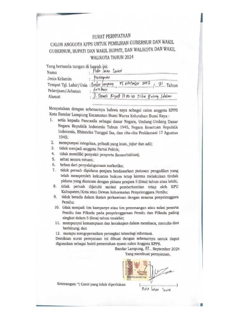 Surat Pernyataan Kpps | PDF