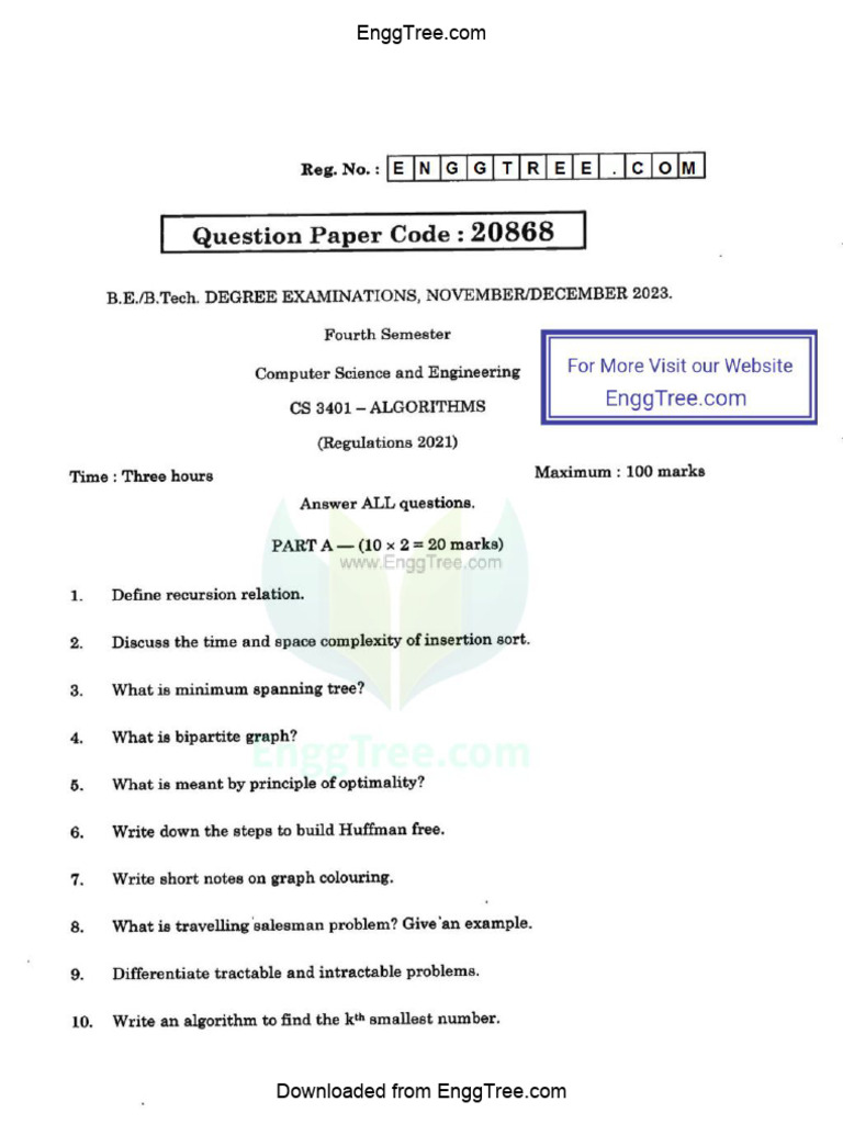 CS3401 Algorithms Nov Dec 2023 Question Paper Download | PDF