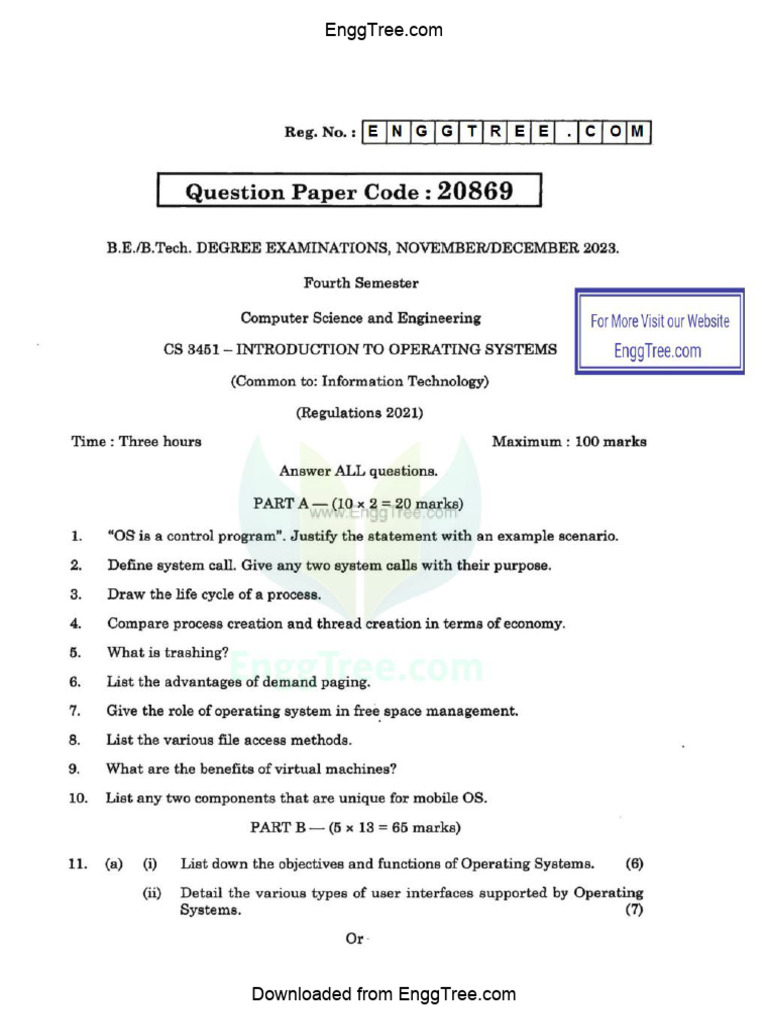 CS3451 Introduction To Operating Systems Nov Dec 2023 Question Paper ...