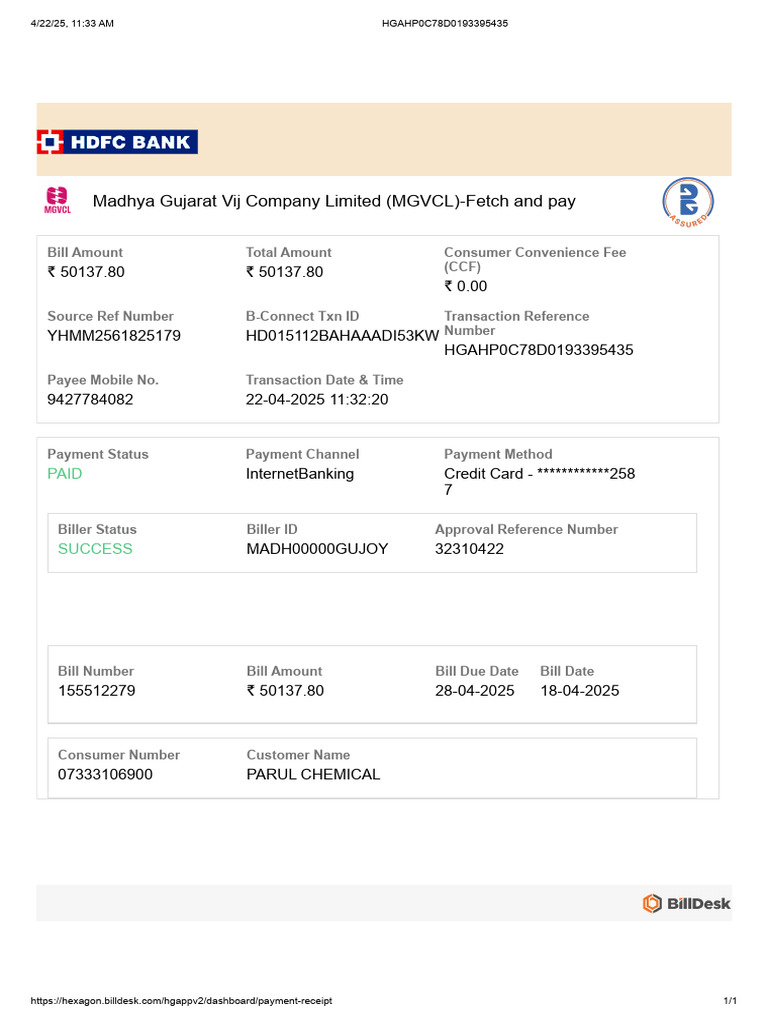 Parul Mgvcl Bill for April 2025 Payment by Credit Card | PDF