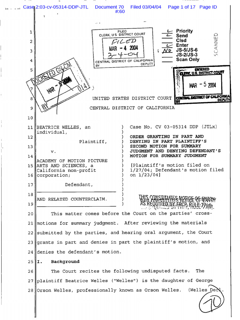 Order Granting Summary Judgment To Welles | PDF