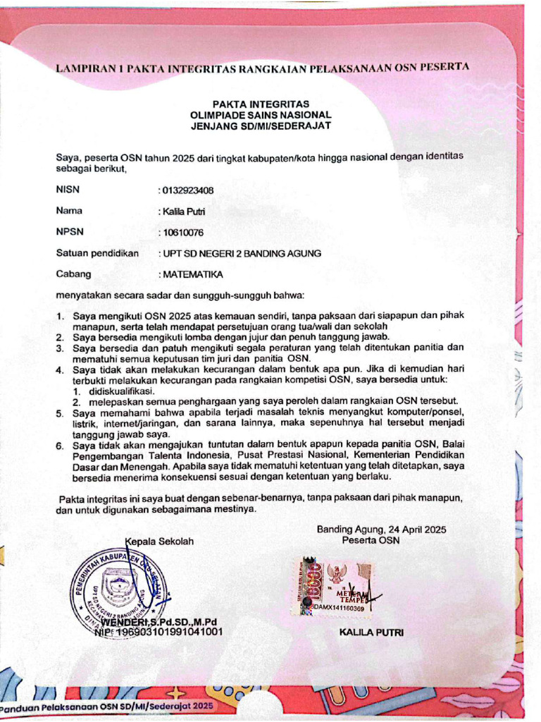 Pakta Integritas Kalila Putri | PDF