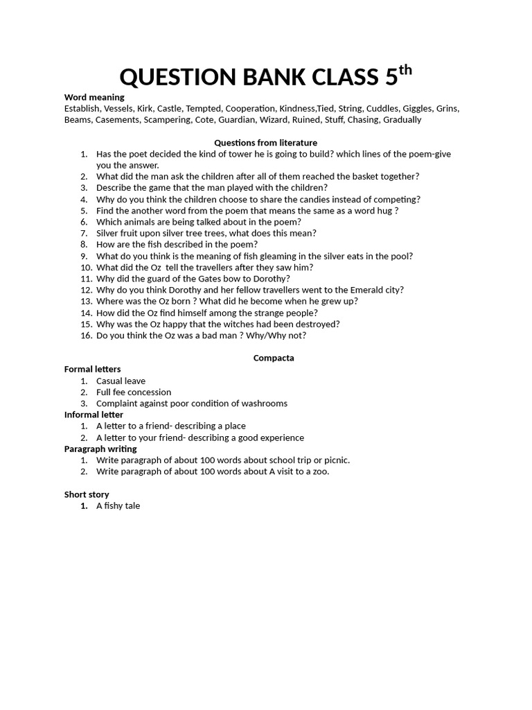 Question Bank 5th | PDF