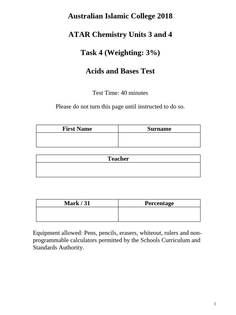 Year 12 Chem 2018 Assess 4 Acids Bases Test | PDF | Acid | Applied And ...