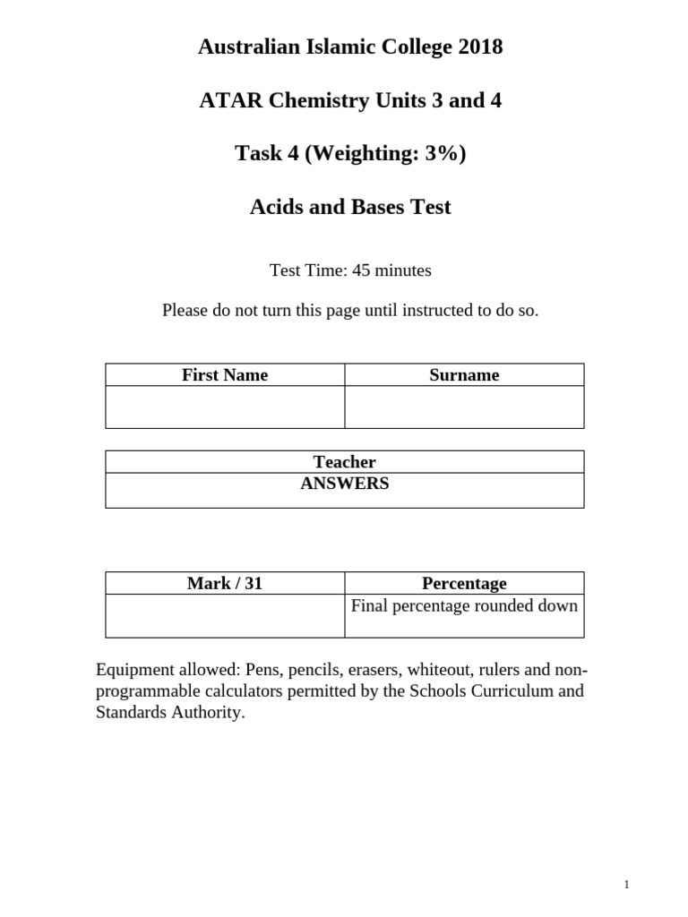 Year 12 Chem 2018 Assess 4 Acids Bases Test ANSWERS | PDF | Acid ...