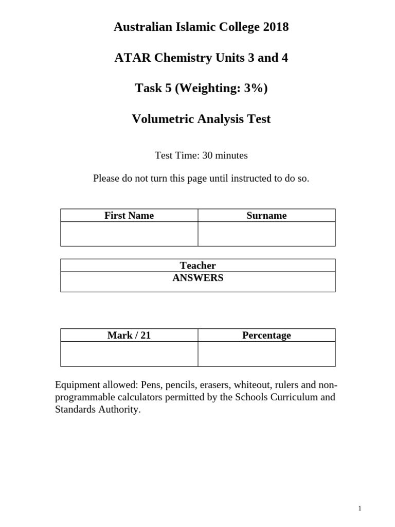 Year 12 Chem 2018 Assess 5 Volumetric Analysis ANSWERS | PDF ...