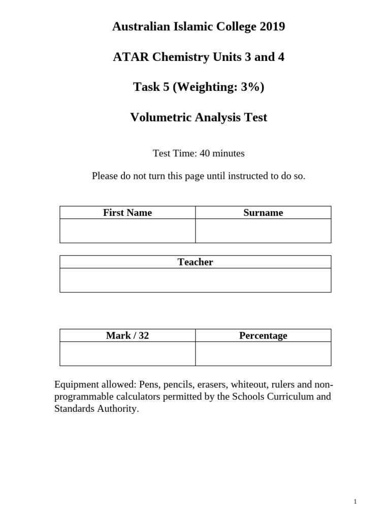 Year 12 Chem 2019 Assess 5 Volumetric Analysis | PDF | Titration ...