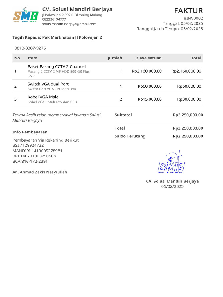 Faktur Layanan CCTV CV. Solusi Mandiri | PDF