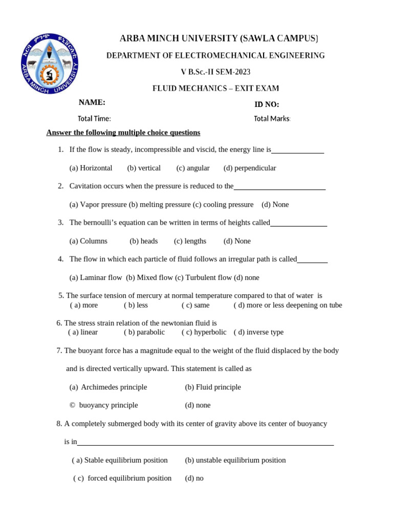 Fluid Mechanics Multiple Choice Quiz | PDF | Pressure | Buoyancy