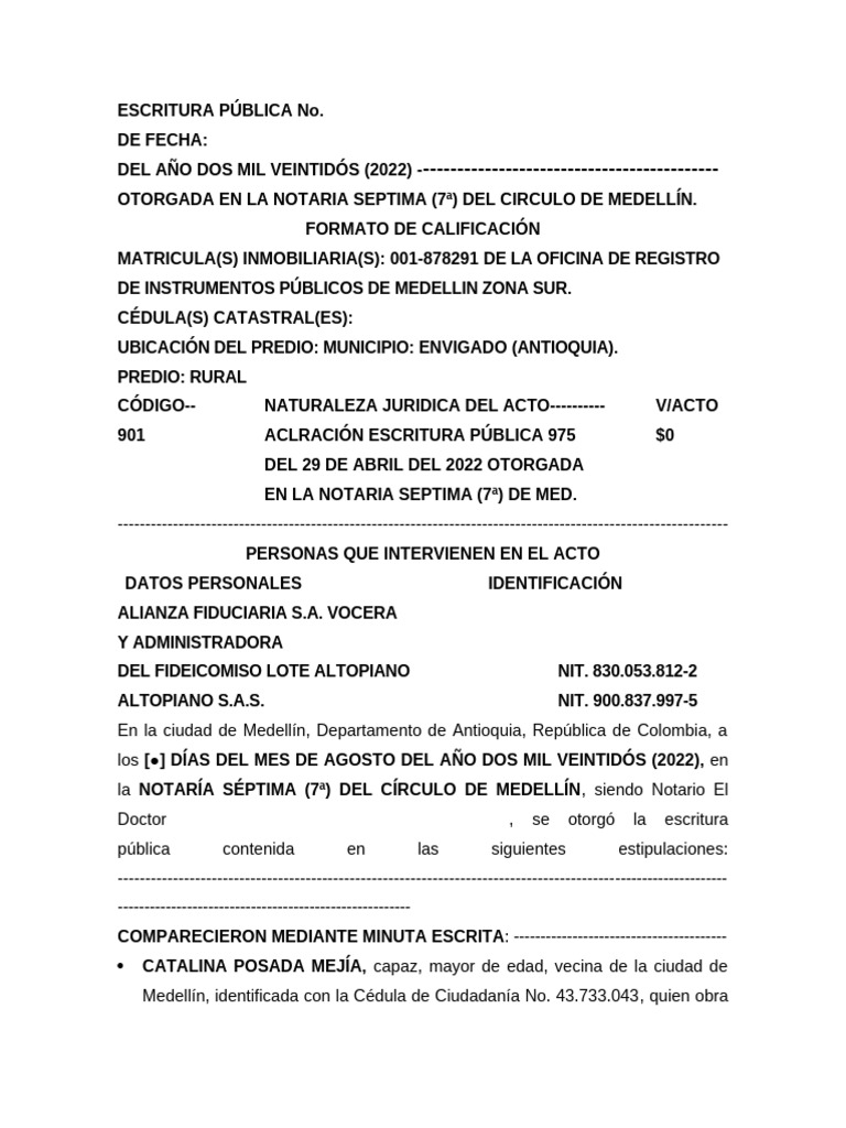 Minuta Escritura Aclaratoria RPH | PDF | Derecho Civil (Common Law)