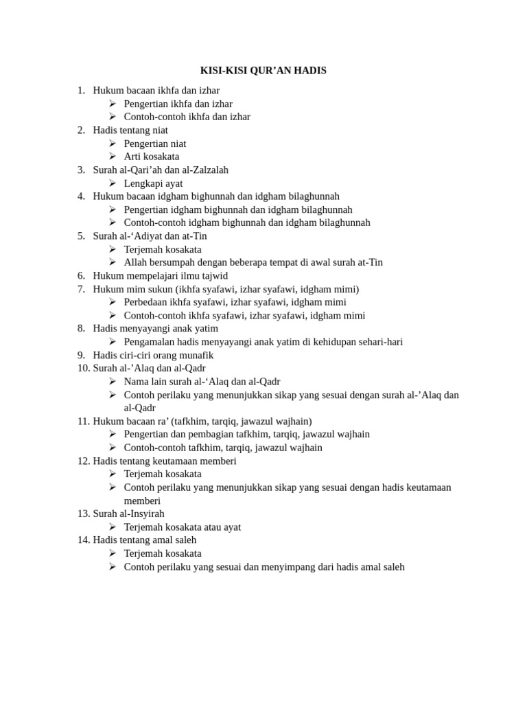 Kisi-Kisi Ujian Qurdis Kelas 6 2025 | PDF