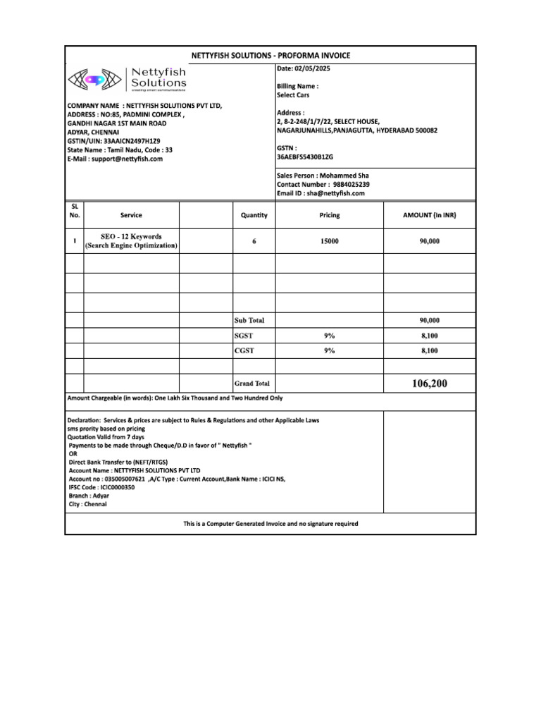 SEO Proforma Invoice (6 Months) - Select Cars | PDF