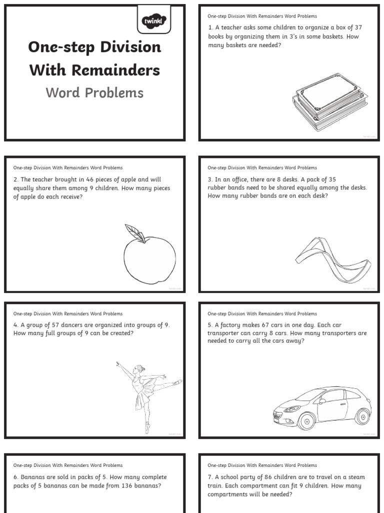 BW One Step Division With Remainders Word Problem Challenge Cards | PDF