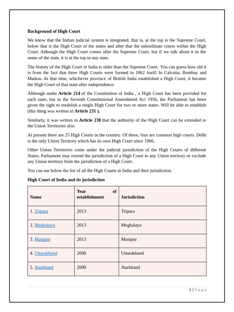History and Structure of High Courts | PDF | Supreme Court Of The ...