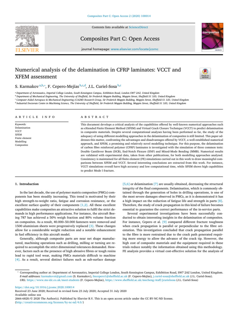 Numerical Analysis Of The Delamination In Cfrp Laminates Vcct And Xfem Assessment Pdf