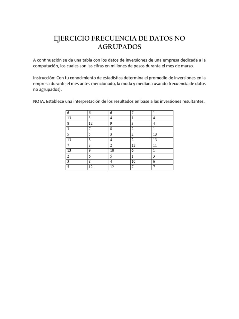 Ejercicio Datos No Agrupados | PDF