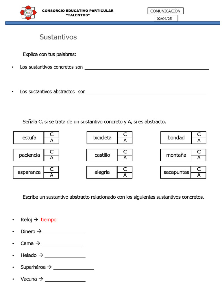 Actividades sobre Sustantivos Concretos y Abstractos | PDF