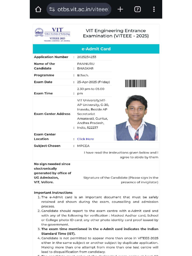 Viteee Bhaskar Admitcard | PDF