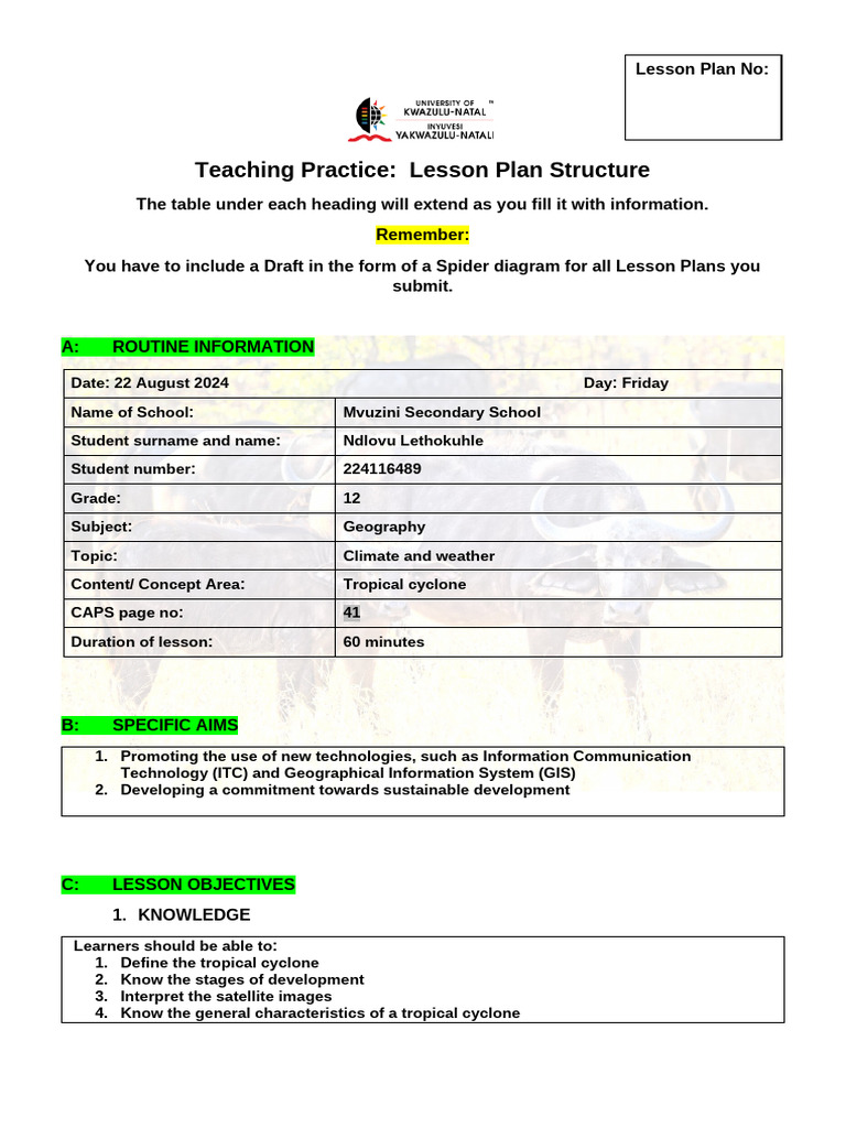 Lethokuhle Zothani Ndlovu 224116489 Full Lesson Plan 1 | PDF | Cyclone ...