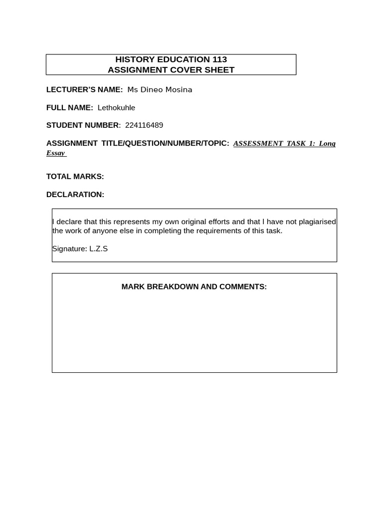 Ndlovu Lethokuhle Sinakhokonke Zothani 224116489 History Assignment 1 ...