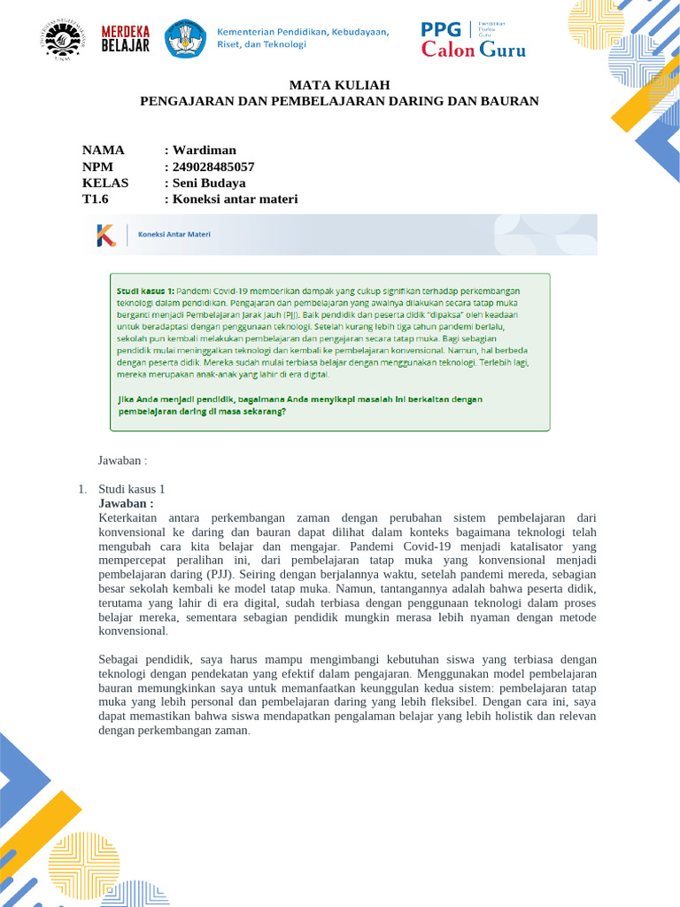 T1.6 Koneksi antar materi (PPDB) Wardiman-Seni-PPG II 2024 | PDF