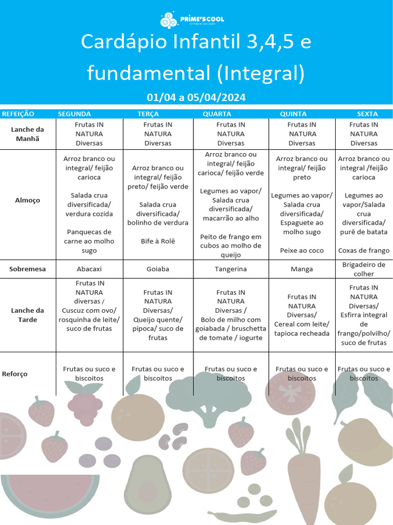 Cardápio Infantil e Fundamental Integral | PDF | Alimentos | Culinária