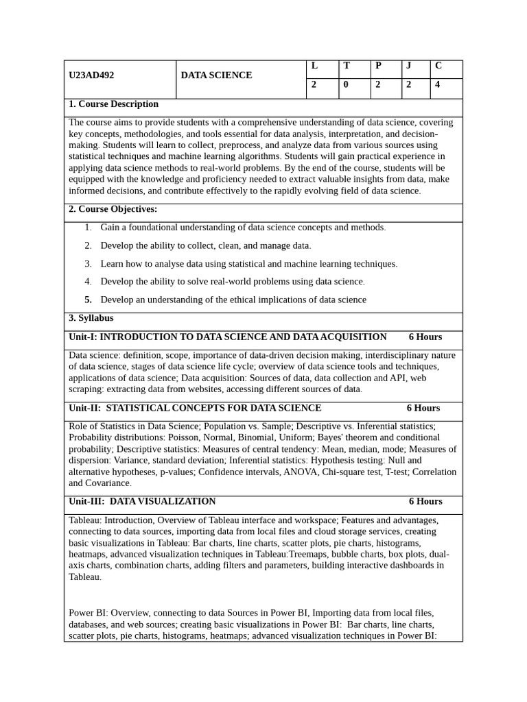 U23AD492 - Data Science Syllabus | PDF | Data Science | Statistics