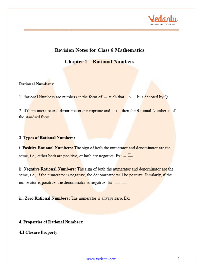 CBSE Class 8 Maths Chapter 1 Notes Rational Numbers FREE PDF | PDF ...