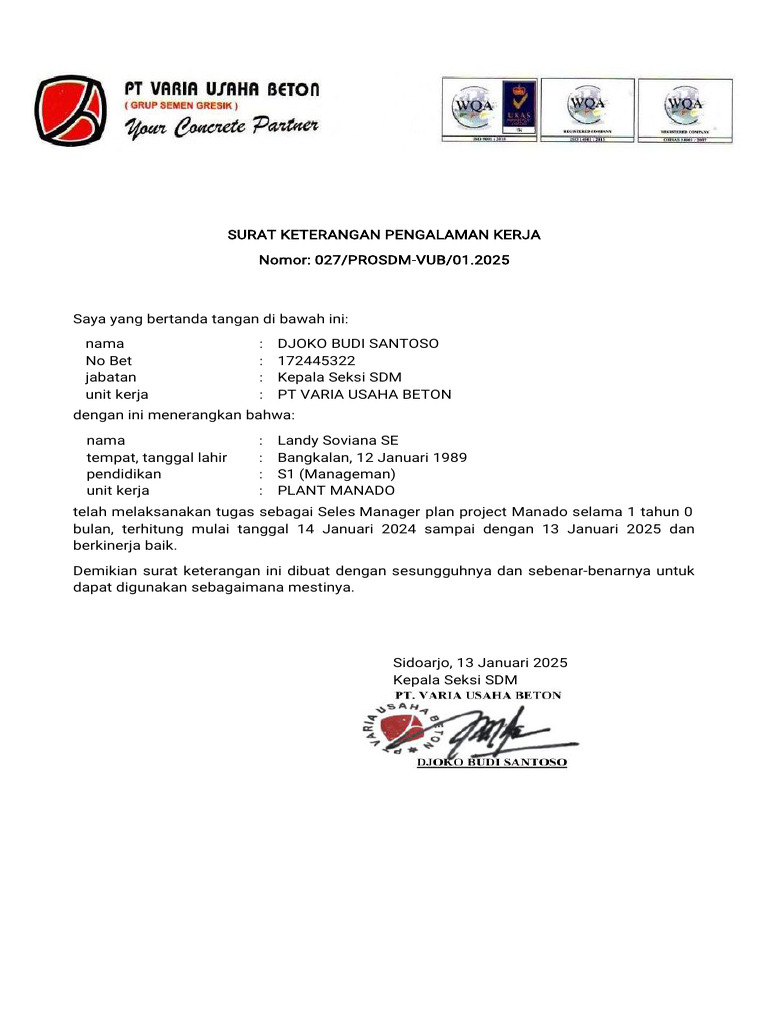 Surat Keterangan Pengalaman Kerja | PDF