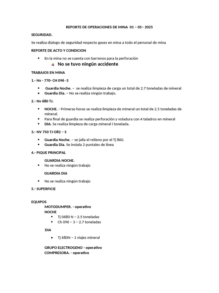Reporte de Operaciones de Mina 28 | PDF