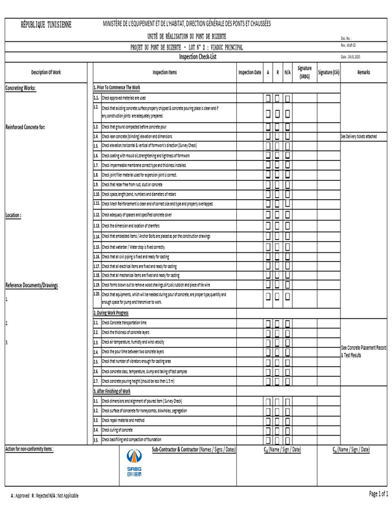 Bizerte Bridge Project Inspection Checklist | PDF | Concrete ...