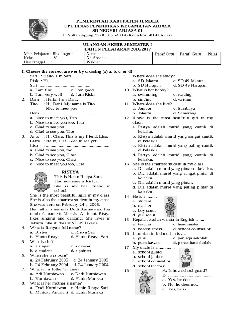 Ujian Semester Bahasa Inggris Kelas 5 | PDF