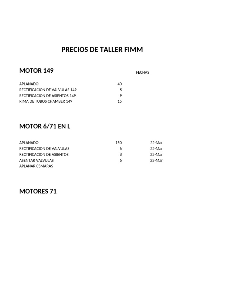 Precios Taller FIMM Motor 149 y 6/71 | PDF
