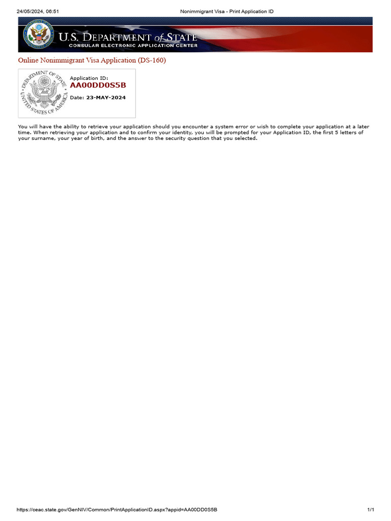 Nonimmigrant Visa - Print Application ID | PDF