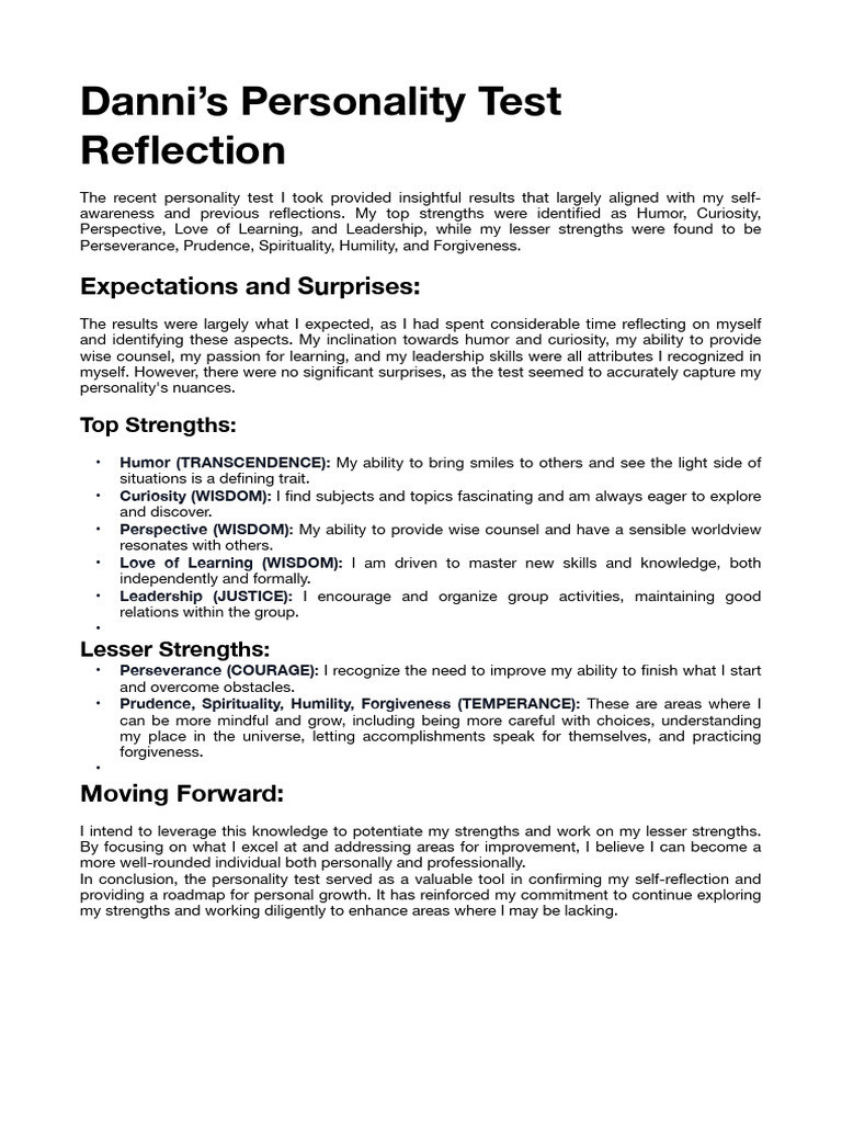 Danni's Personality Test Reflection | PDF | Courage | Wisdom