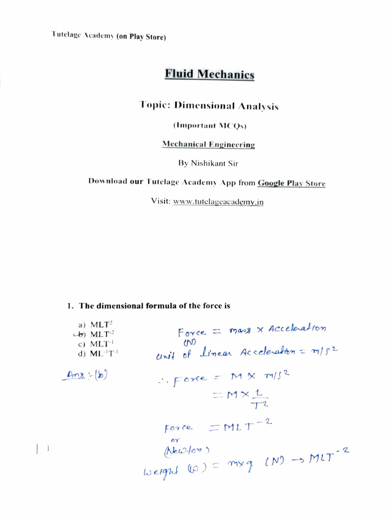 Dimensional Analysis MCQs - 27509246 | PDF | Force | Reynolds Number