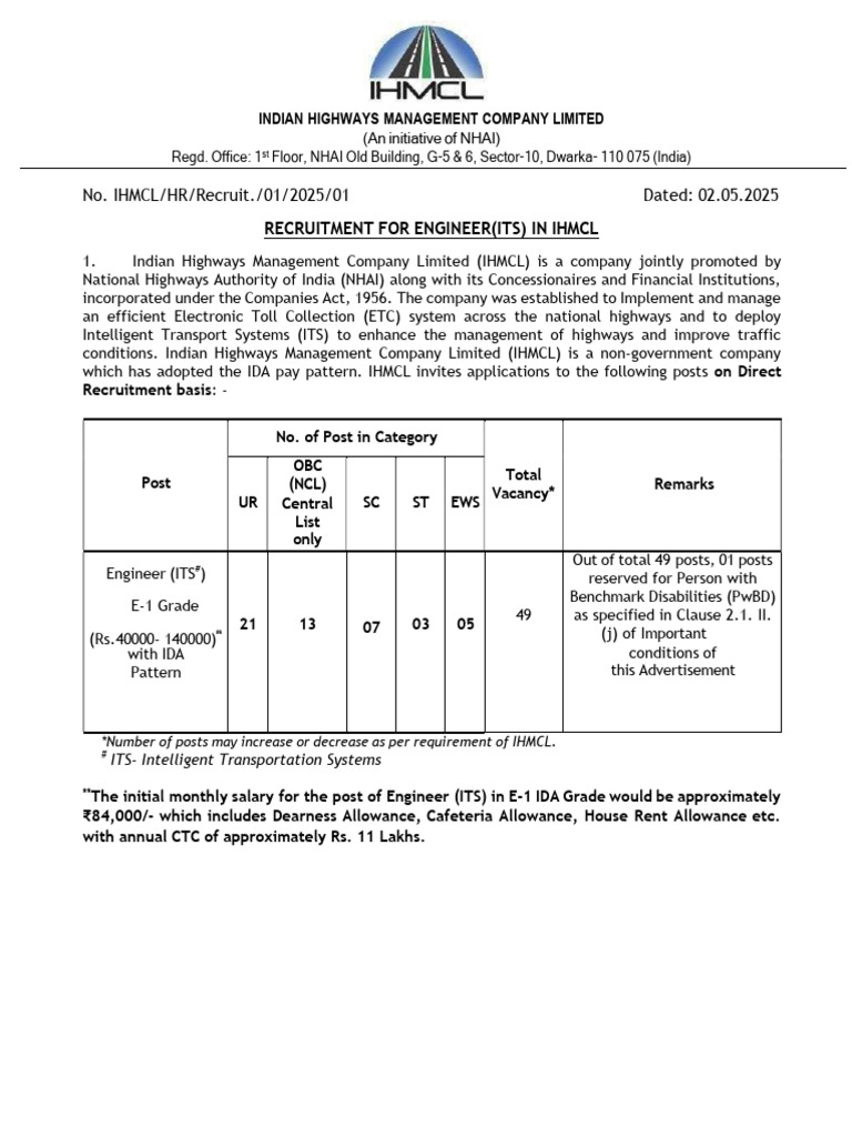 IHMCL Engineer Recruitment 2025 | PDF | Disability