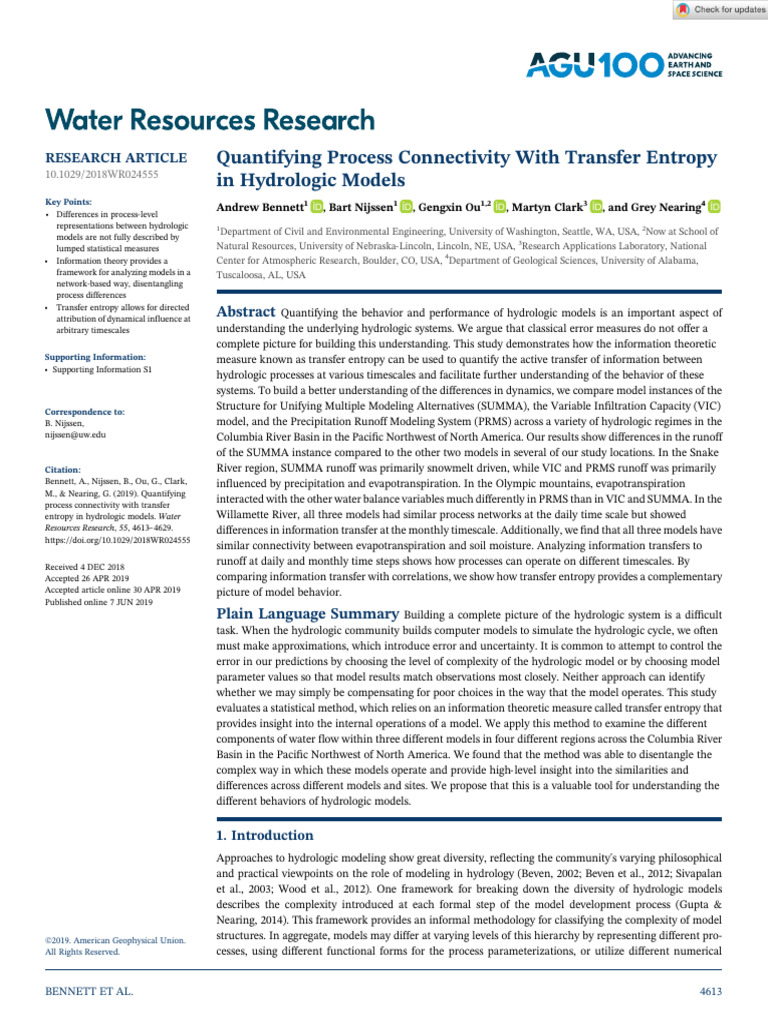 Water Resources Research - 2019 - Bennett - Quantifying Process Connectivity With Transfer ...