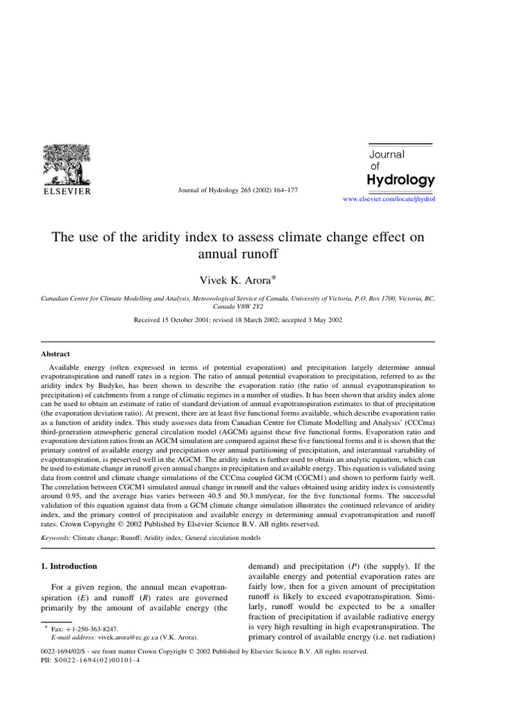 Arora - 2002 - The Use of The Aridity Index To Assess Climate Change ...