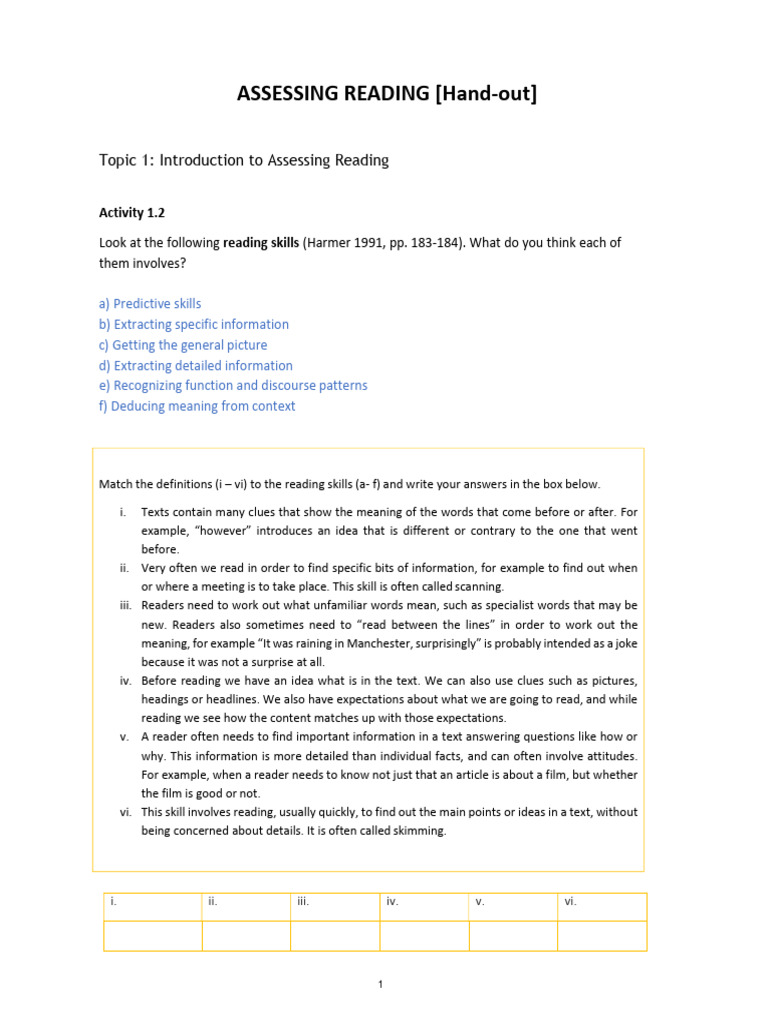 (1a) Assessing Reading - Combined Handouts 1&2 | PDF | Multiple Choice ...