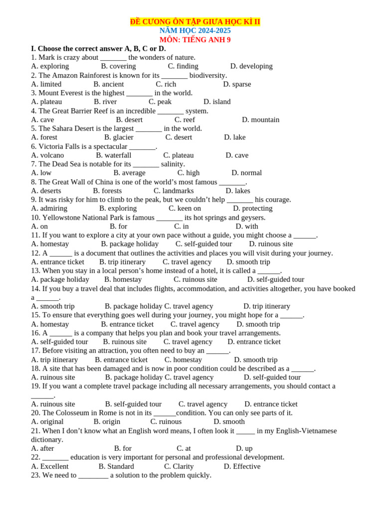 De-cuong-on-tap-giua-HK2-Tieng-Anh-9-global-24-25-1 | PDF | Cost Of Living | Coral Reef