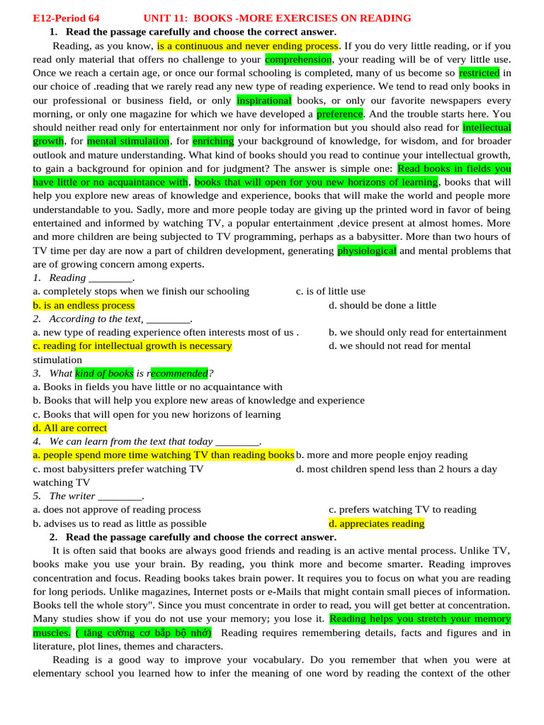 E12 - MORE EX ON READING U11 For Ss | PDF | Reading Comprehension | Experience