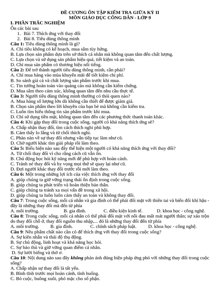 ĐỀ CƯƠNG GDCD 9 GKII 24 25 | PDF