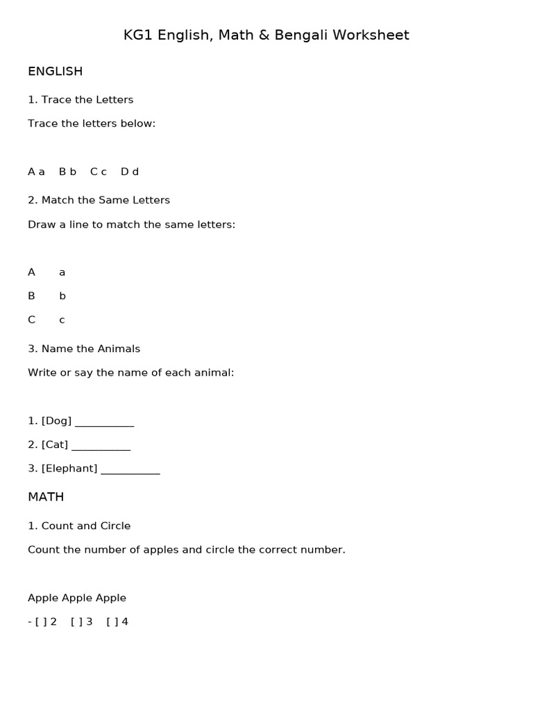 KG1 English Math Bengali Worksheet | PDF
