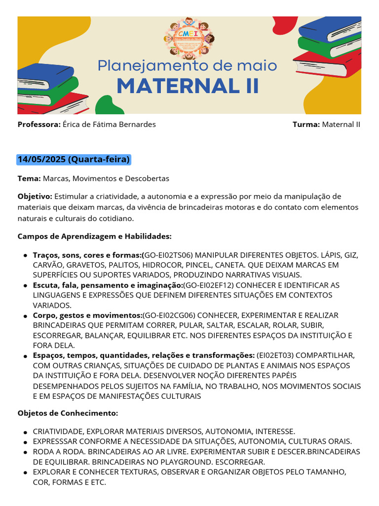 Plano de Aula Maternal II - Maio - Érica de Fátima Bernardes - 16 A 30 ...