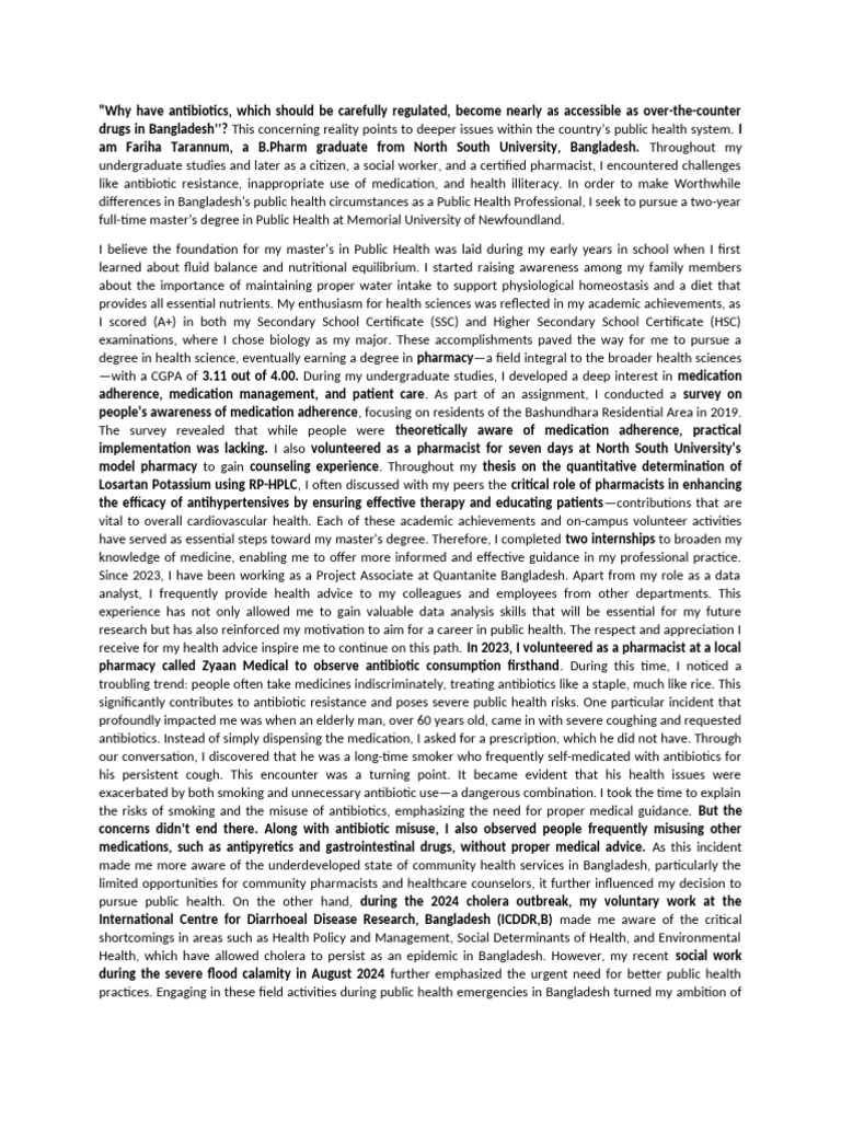 Fariha Tarannum's Public Health Aspirations | PDF | Pharmacy | Public ...