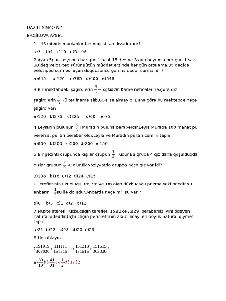 Daxili Sinaq n2 Bagi̇rova Aysel Teze | PDF